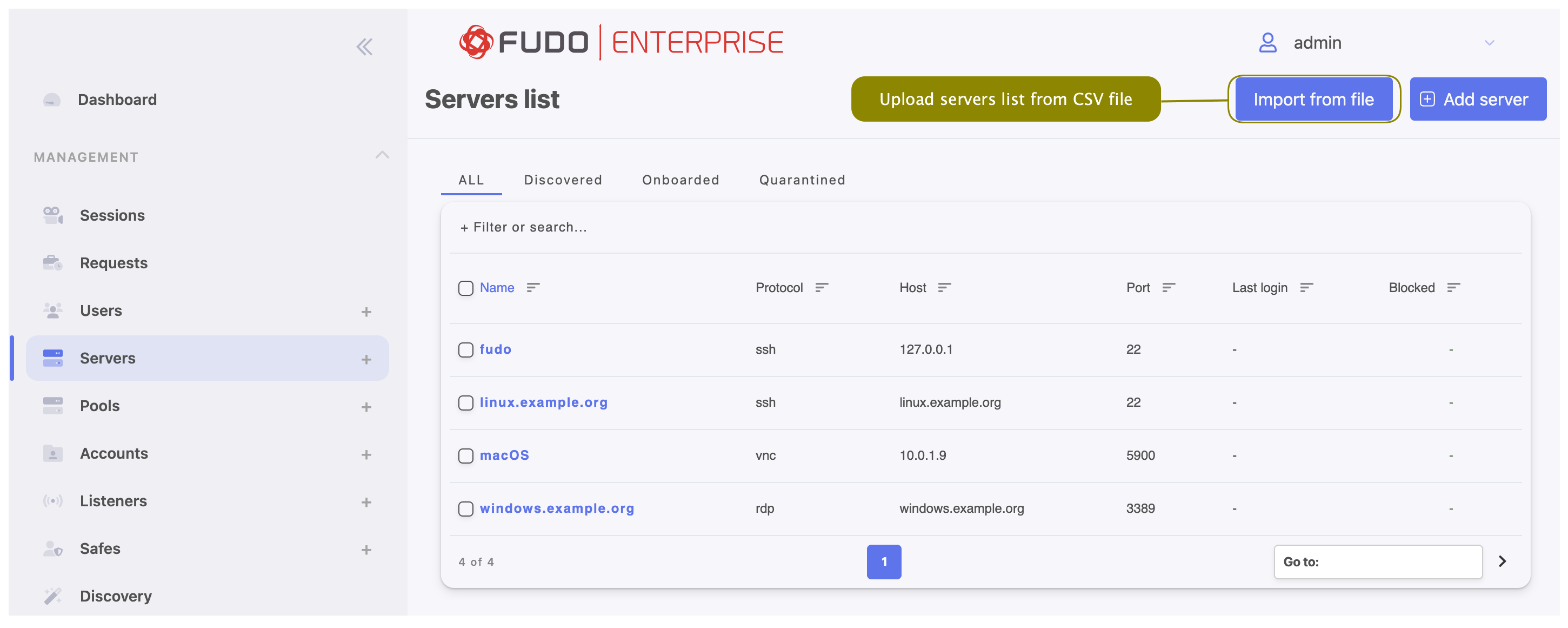 Importing a server list from CSV file — Fudo Enterprise 5.5 - System Documentation