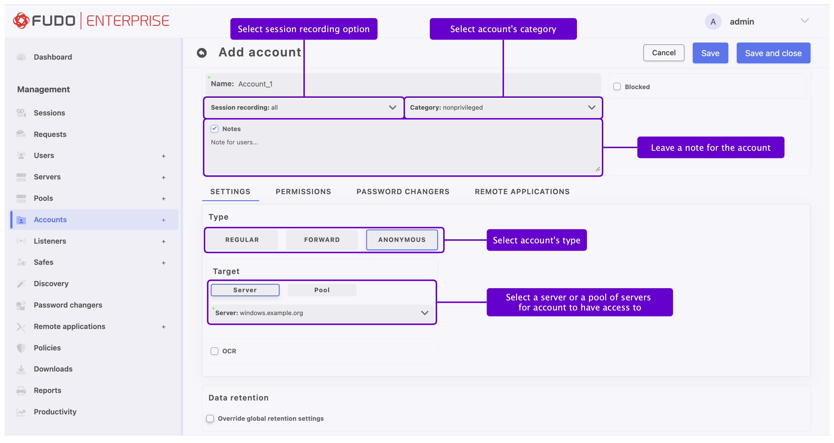 Creating An Anonymous Account — Fudo Enterprise 55 System Documentation