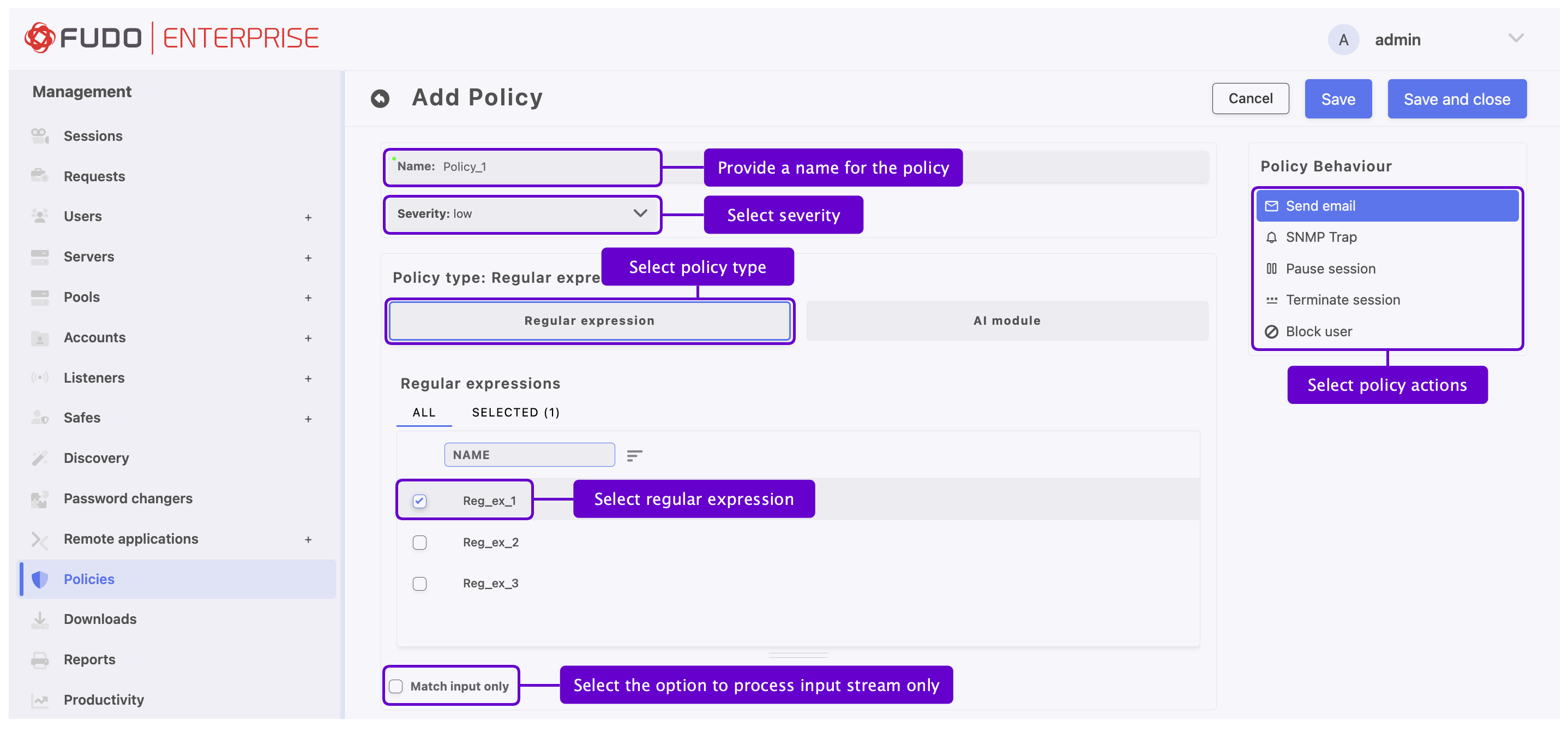 Regular expression-based policy — Fudo Enterprise 5.6 - System Documentation